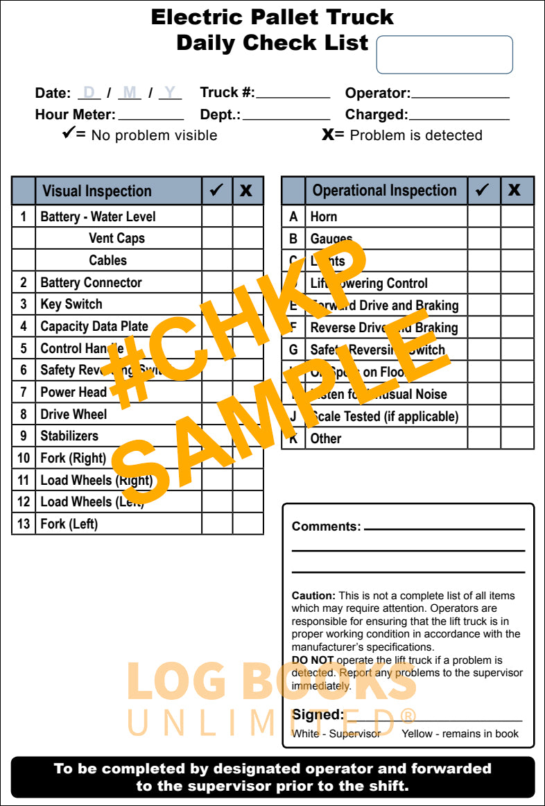 Electric Pallet Truck - Replacement Checklist # CHKP – Log Books Unlimited
