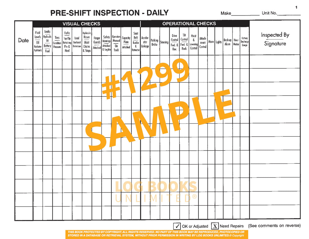 Fork Lift Truck Maintenance Log Book #1299 – Log Books Unlimited