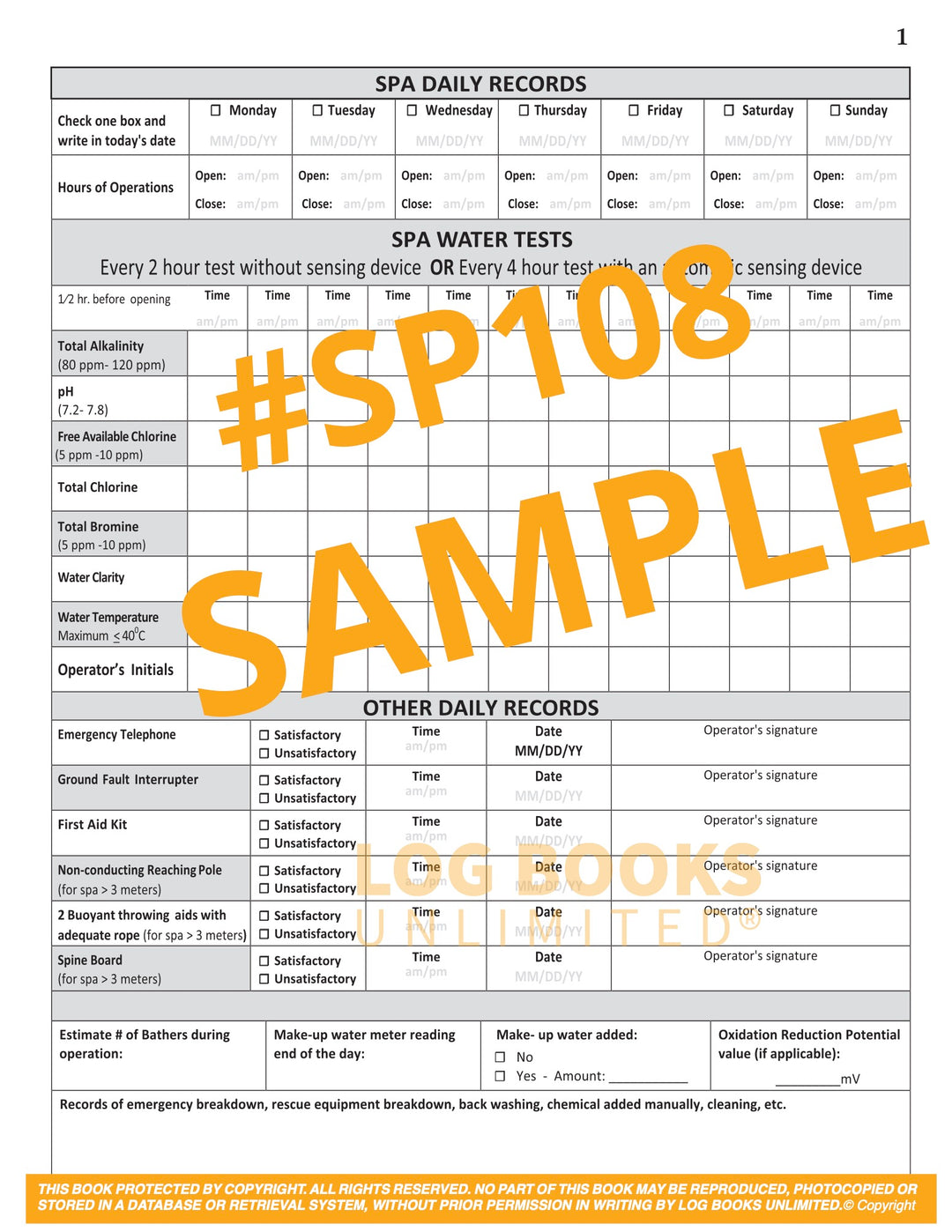 Spa (Hot Tub) Log Book #SP108 – Log Books Unlimited